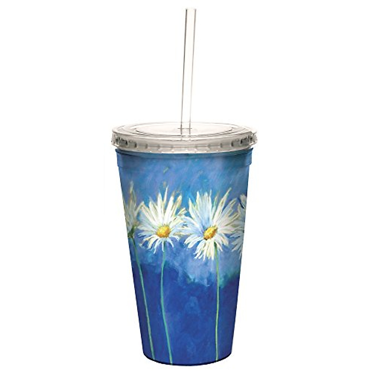 Tree-Free Greetings Nel Whatmore Daisies on Blue Double-Walled Cool Cup with Reusable Straw, 16-Ounce