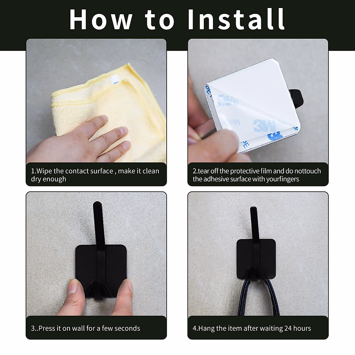 TAKORUY Heavy Duty Adhesive Hooks, Self-Adhesive Hooks, Brushed Space Aluminum Wall Hooks, Multiple Colors and Styles, 50 lb Maximum Load, Metal Coat Hook for Kitchen Home Schools and Offices (Black)