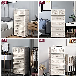 Five-Shelf Freestanding Storage Cabinet, Plastic Dresser with 6 Drawers, Tower Closet Organizer on Wheels, for Bedroom, Apartments, Dorm Rooms