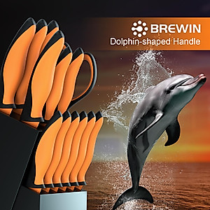 Brewin Knife Set, 15-Piece Kitchen Knife Set with Block, German Stainless Steel Sharp Knives Set for Kitchen with Built-in Sharpener, Ergonomic TPR Anti-Slip Handle