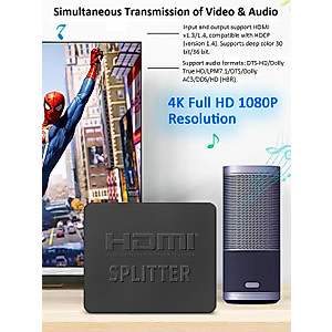 HDMI Splitter 1 in 2 Out, 4K HD Hdmi Screen Splitter Switcher 1 Female to 2 Female 1080P Audio Video Output, for TV, Monitors, Projector, Laptop, Computer, with HDMI/USB Cable [ Not Extend]