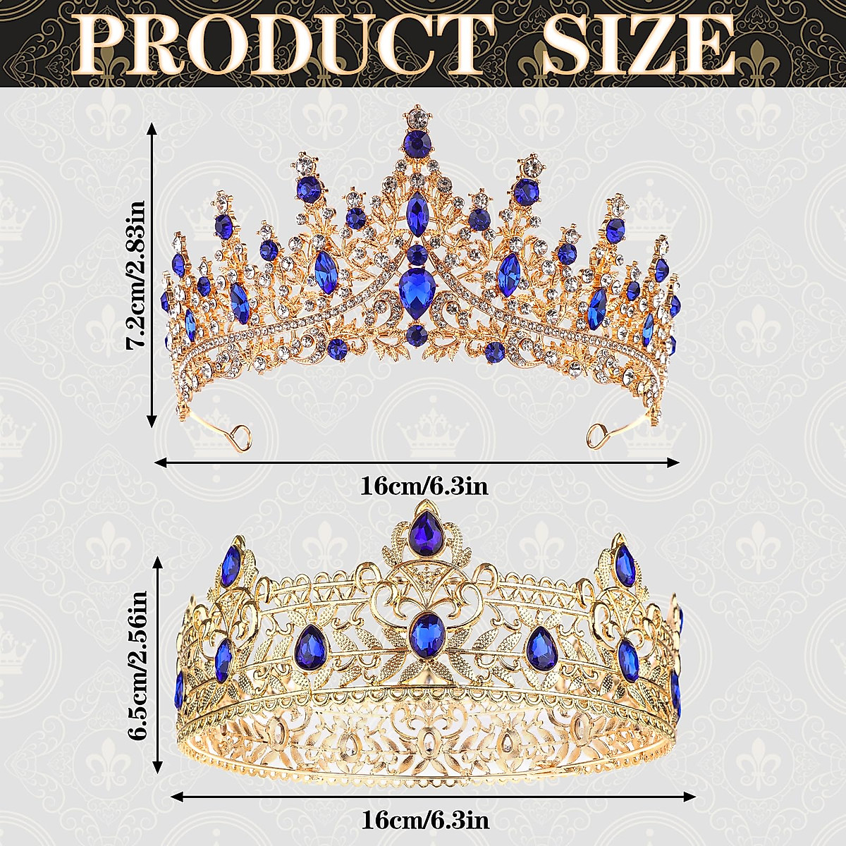 2 Pcs King and Queen Crowns Set King Crowns for Men Royal Crown with Black Rhinestone Crystal Crowns for Women Princess Crown Tiara Costume Headwear for Wedding Homecoming Party Decorations