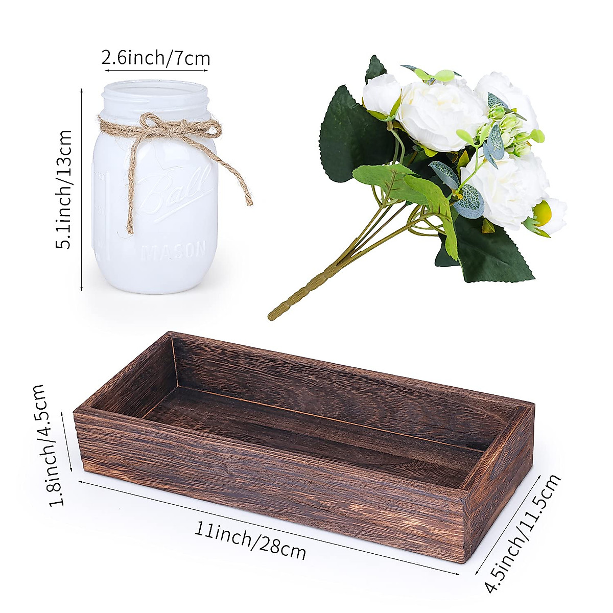 Fowecelt Mason Jar Lights Centerpiece Decorative Wood Tray with Artificial Rose Flowers, Rustic Country Farmhouse Home Decor for Herb Plants Coffee Table Dining Room Living Room Kitchen Garden