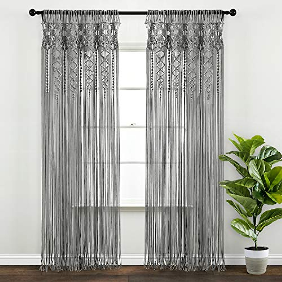 Lush Decor Boho Macrame Textured Cotton Window Curtain/Room Divider/Doorway/Wall Decor, 95" L x 40" W, Gray