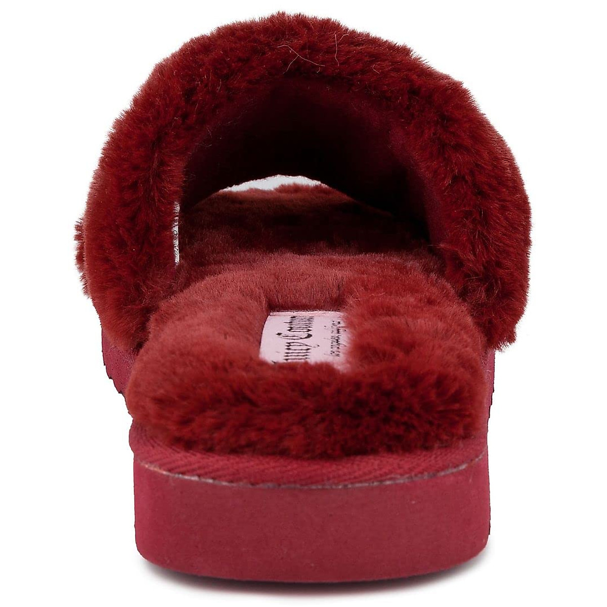 Juicy Couture Women's Luxe Faux Fur Slide Slippers with Embellished Strap, Cozy Indoor/Outdoor Fuzzy Slip-On Sandals, Halo - Burgundy, Size 9