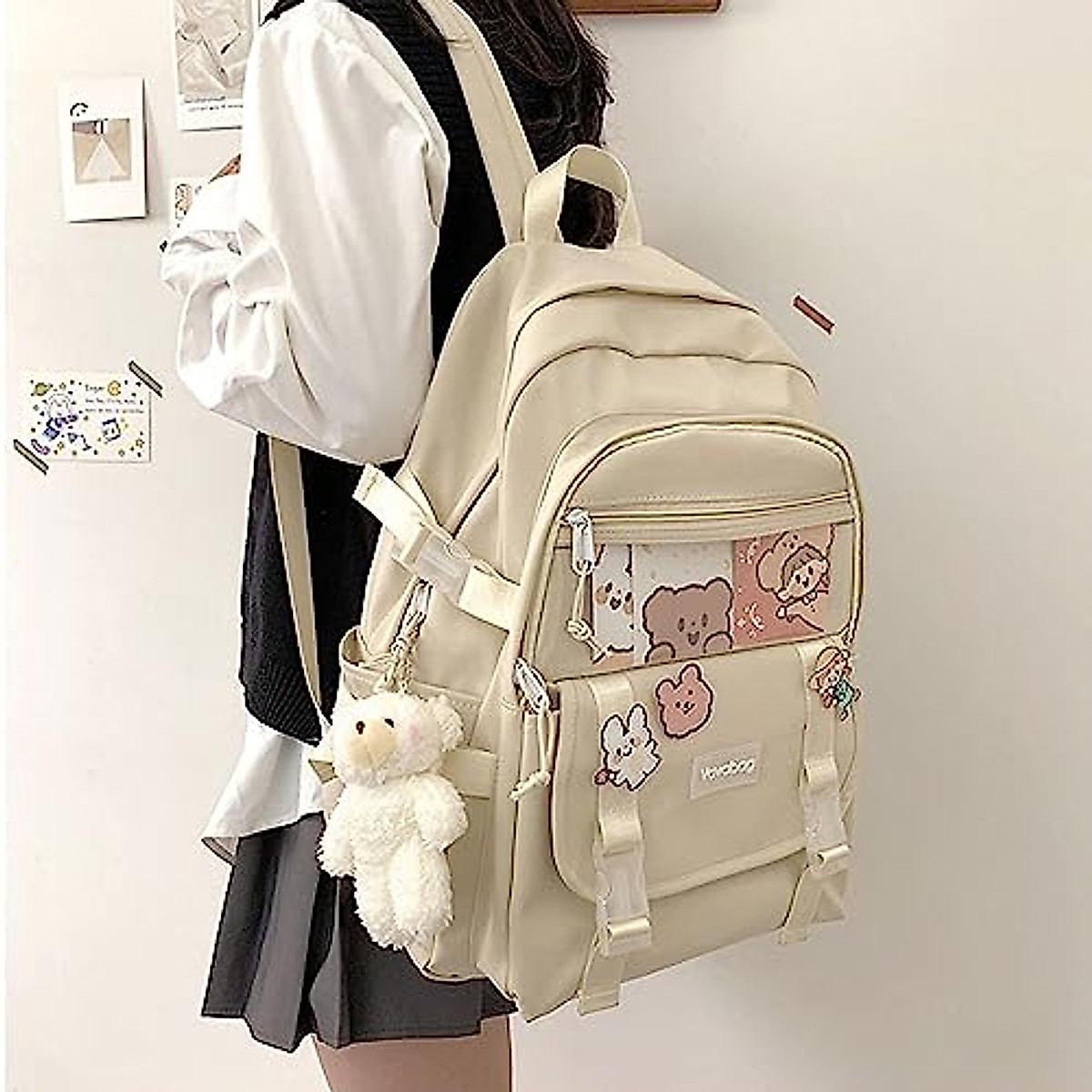 Aiyify Cute Backpack Kawaii Backpack for School Aesthetic Backpack Kawaii School Supplies Cute Backpacks with Accessories (Beige)…