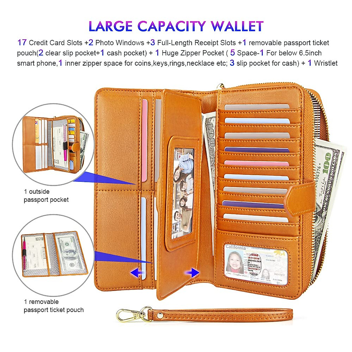 nuoku Wallet for Women RFID Blocking Credit Card Holder with Large Capacity Leather Wristlet (Brown)