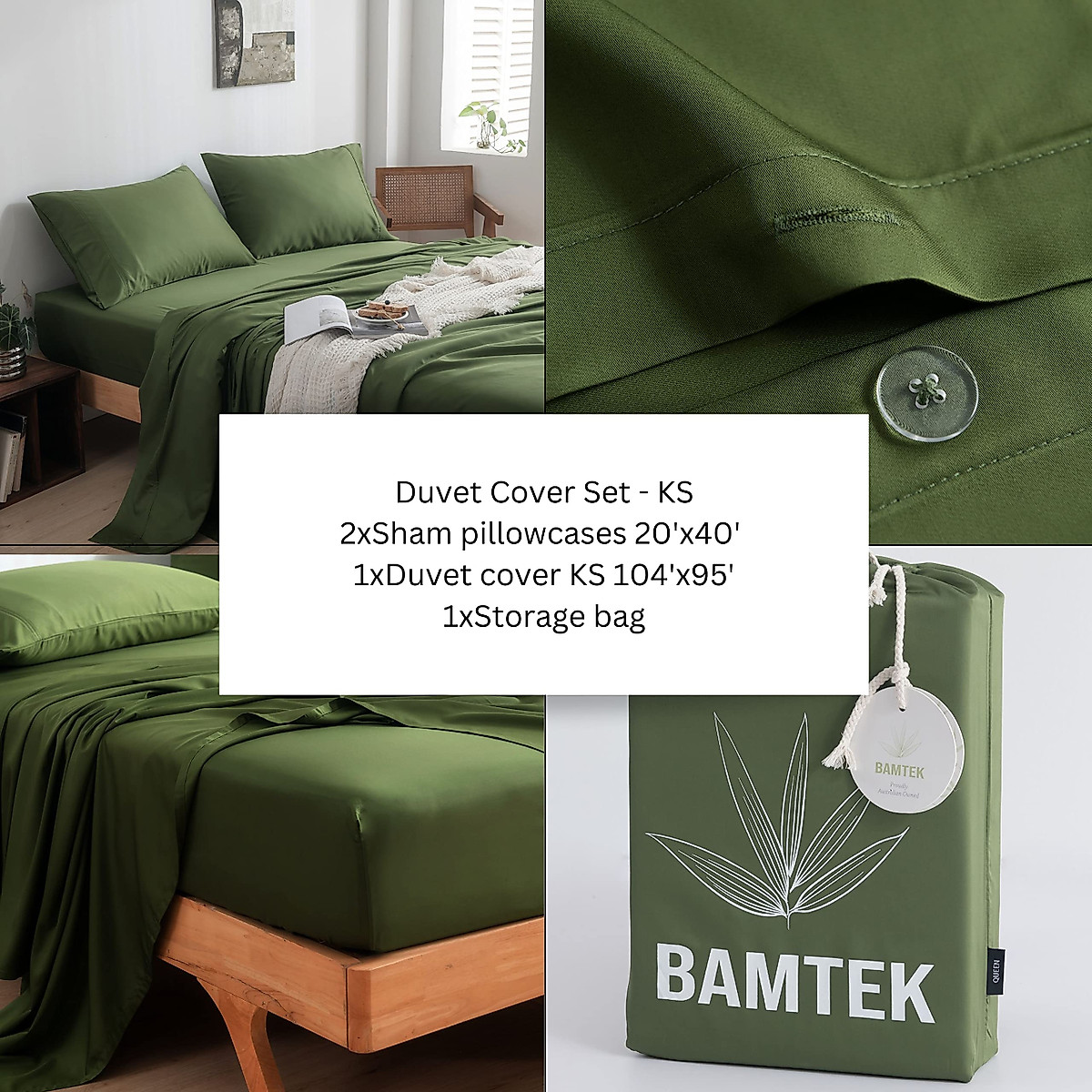 Bamtek - Duvet Cover Set - 100% Viscose from Bamboo Duvet Cover King Size, 3 PC Luxury Cooling Duvet Cover for Hot Sleepers, Silky Buttery Soft Comforter Cover & 2 PC King Pillowcases, Forest