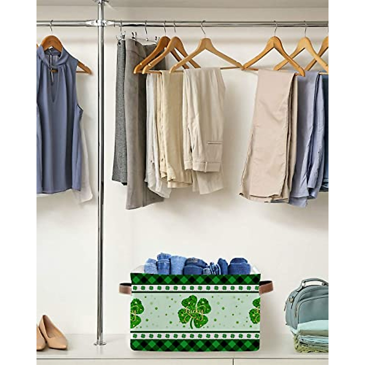Storage Bins,Spring Four Clover Leaf Green Lattice Lucky Quote St. Patrick's Day Storage Basket with Handles,Waterproof Collapsible Storage Bin,Shamrock Storage Organizer for Shelves Closet