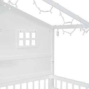 BestLM Twin Size House Bed with Semi-Enclosed Fence & Shelves, Wood House Bed Frame with Window & Sparkling Light Strip on The Roof for Kids Teens Girls Boys, No Box Spring Required, White