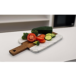 The Live Edge - Acacia Wood Small Marble and Wooden Decorative Cutting Board for Kitchen, White Marble and Wood Charcuterie Board, Small Wooden Marble Cheese Board With Handle Serving, Chopping Board