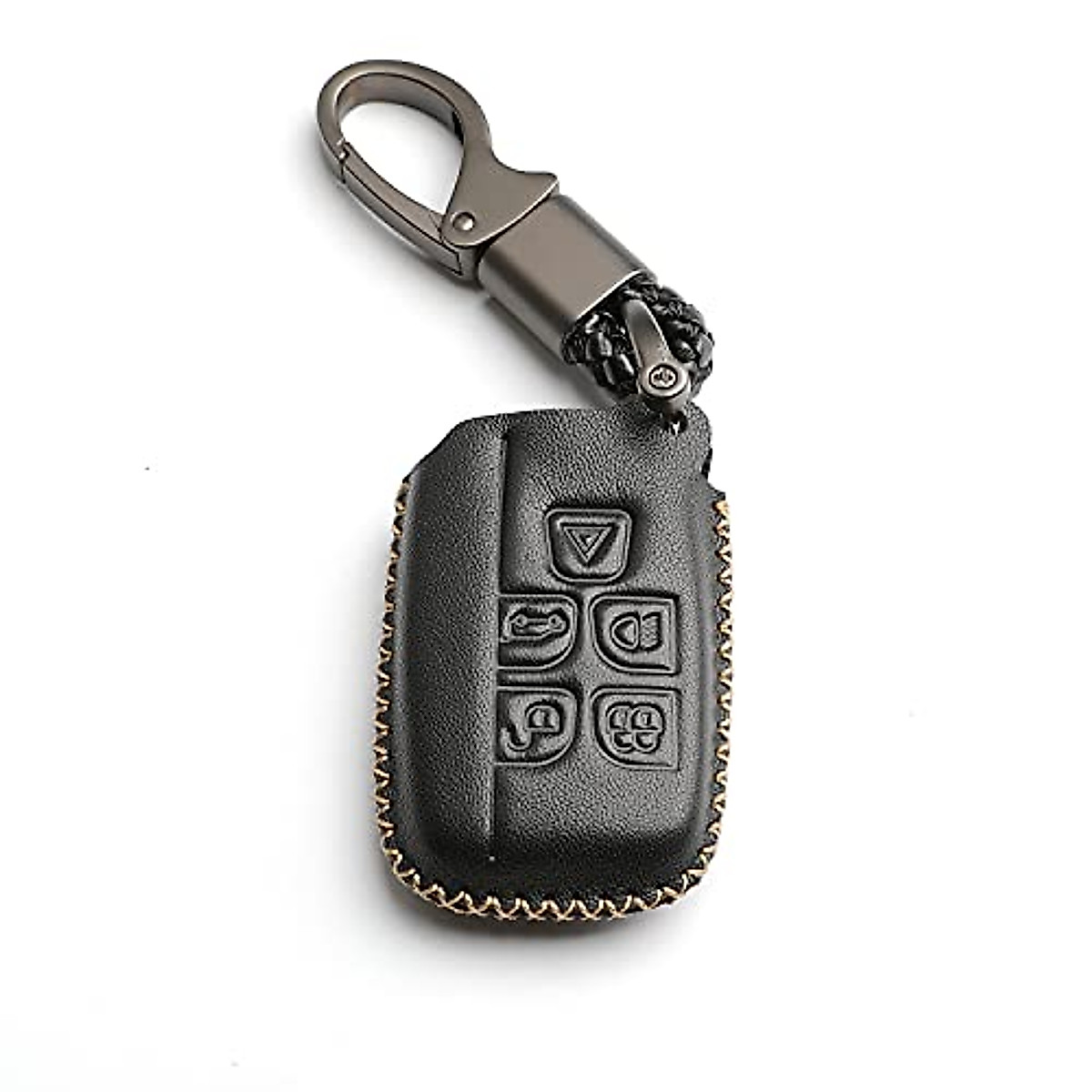 WFMJ Leather for Land Rover Range Rover Sport LR2 LR4 Evoque Jaguar XF XJ XJL XE Remote Smart 5 Buttons Key Fob Case Cover Chain Keychain (Black)