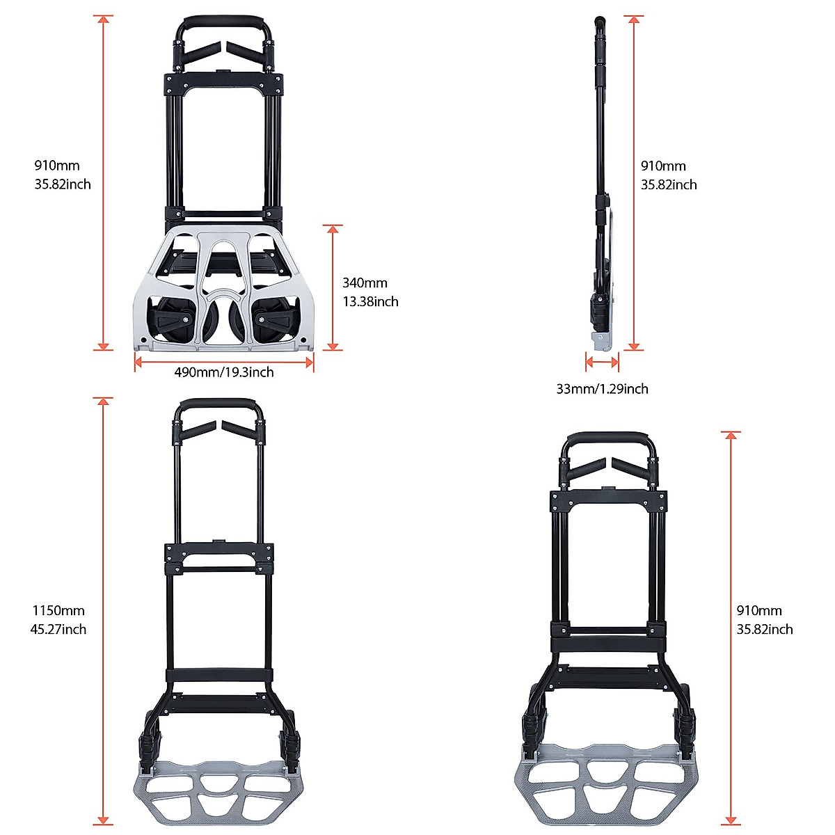 Nellyke Hand Truck Dolly Foldable,330LB Capacity Aluminum Folding Hand Cart,Heavy Duty Hand Truck Foldable Dolly with Swivel Handle,Folding Dolly Trolley with TPR Wheels for Moving