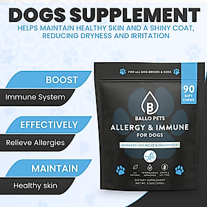 Ballo Pets Allergy & Immune Chews for Dogs - Itch Relief for Dogs - Dog Seasonal Allergies- Skin and Coat Supplement - Omega 3, Pumpkin Powder, Turmeric Root, Quercetin- 90 Soft Chews- Salmon Flavor
