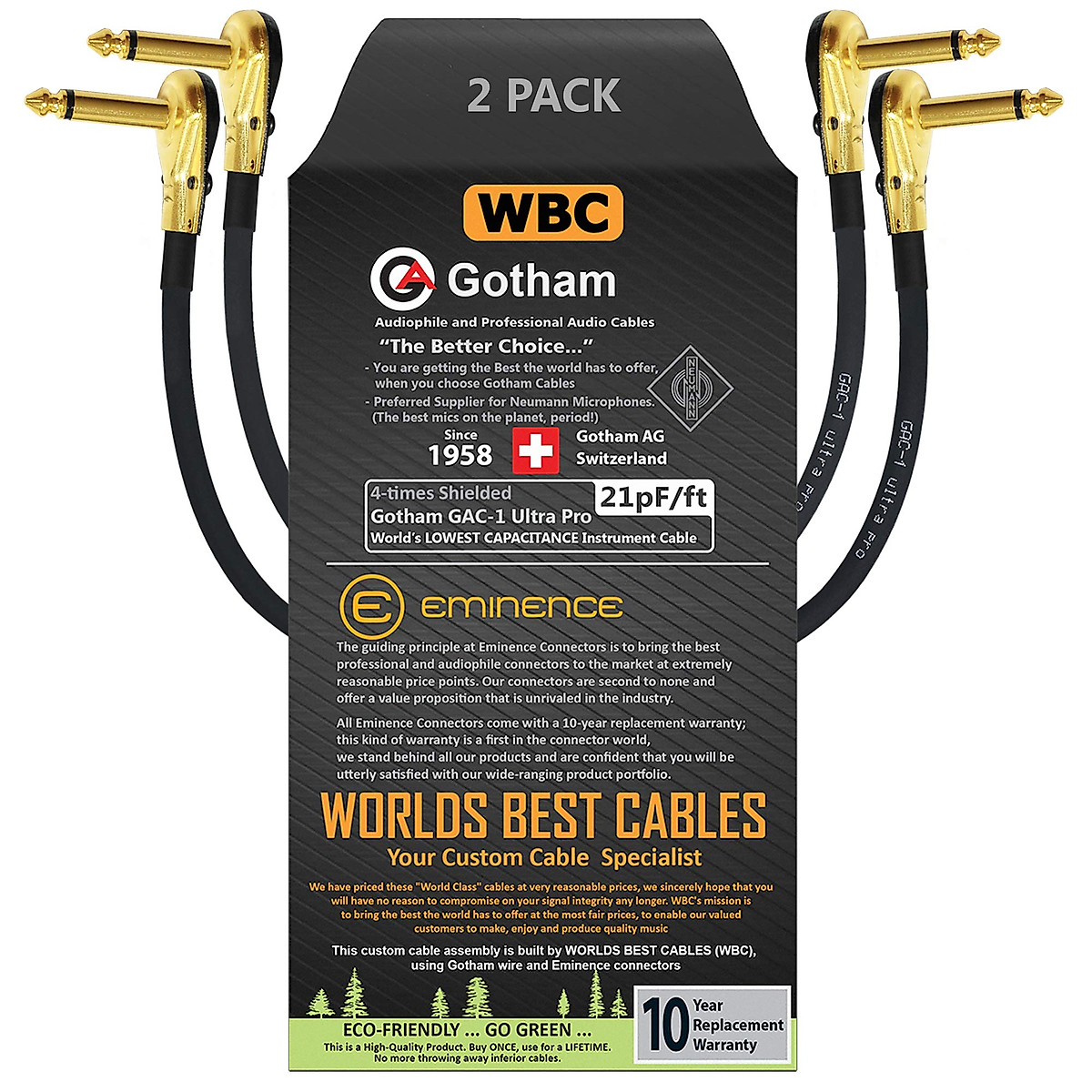 WORLDS BEST CABLES 2 Units - 7 Inch - Gotham GAC-1 Ultra Pro - Low-Cap (21pF/ft) Guitar Bass Effects Instrument, Patch Cable & Gold (6.35mm) Low-Profile R/A Pancake Type Connectors - Custom Made