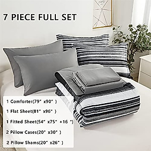KAKIJUMN 7 Piece Bed in a Bag Stripe Comforter Set Full Size, White Grey Black Patchwork Striped Comforter and Sheet Set, All Season Soft Microfiber Complete Bedding Sets(Grey,Full)