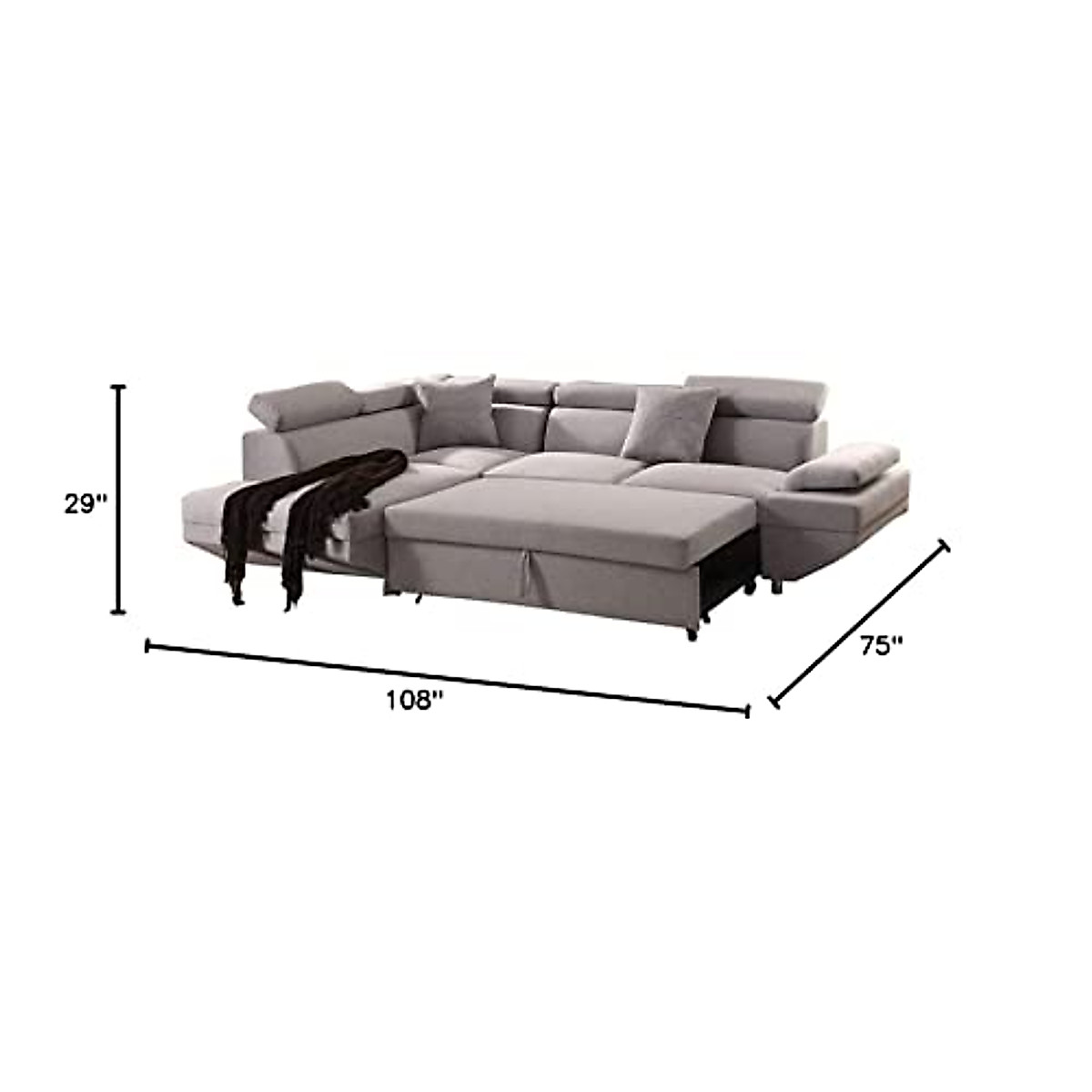 ACME FURNITURE Jemima Sectional Sofa w/Sleeper - - Gray Fabric