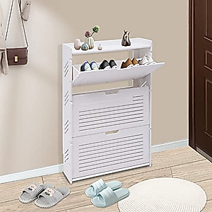 3 Drawer Shoe Cabinet, Freestanding Flip-up Shoe Storage Organizer, Modern Tipping Bucket Shoe Rack for Entryway, Living Room, and Hallway