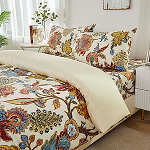 Softta Vintage Luxury Flower Leaves Bedding Set 4Pcs Duvet Cover + Fitted Sheets Set + 2 Pillowcases Queen Size 100% Egyptian Cotton Colorful Red Orange Blue