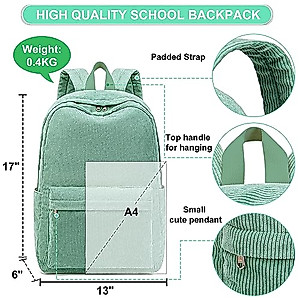 School Backpack for Teens Large Corduroy Bookbag Lightweight 17 inch Laptop Bag for Girls Women Casual High School College Work (Green, 17 inch)