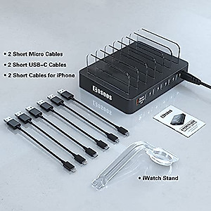 Fastest Charging Station with QC Quick Charge 3.0, COSOOS 63W 12A 6-Port USB Charging Station for Multiple Devices with 6 Mixed Short Cable & iWatch Stand, Multi Charger Station for Cell Phone, Tablet