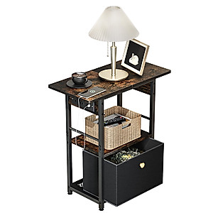VIYYIEA 3 Tier End Table with Charging Station, Living Room Couch Small Side Table with Privacy Drawer, Narrow Bedside Night Table, 23.6x11.8x25.6 Inches