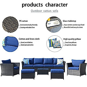 XIZZI Outdoor Patio Furniture No Assembly Required 9 PCS Patio Furniture Sets PE Rattan Wicker with 2 Pillows and Coffee Table, Backyard Patio Conversation Sets Sectional Sofa (Navy Blue)