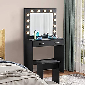 CLIPOP Modern Makeup Table with Mirror and Chair, Dressing Table with Light, 2 Drawers, Bedroom Dressing Table with 12 LED Lights and 3 Colors Lighting, Vanity Stool for Women, Girl’s Room (White)