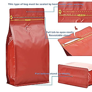 Red Color Coffee Bags with Valve, High Barrier Foil Coffee Package Pouches with Air Release Valve, Flat Bottom & Resealable Pull Tab Zipper, Matt Red (50, 16oz/1lb/500gm)