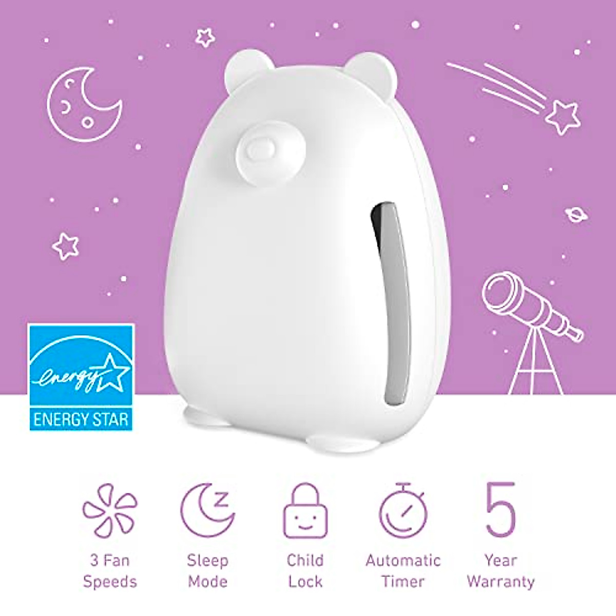 Pure Enrichment® PureBaby® Kids Bear Air True HEPA Air Purifier - Energy Star Rated, 4 Stage Air Filtration, UV-C Light, and Night Light for Medium-Large Rooms - Baby Nurseries, Kid Bedrooms (White)