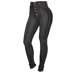 Womens High Rise Button Jeans Curvy Butt Stretch Soft Denim Skinny Pants Juniors Button Fly Super High Waist Skinnys (Black,X-Large)