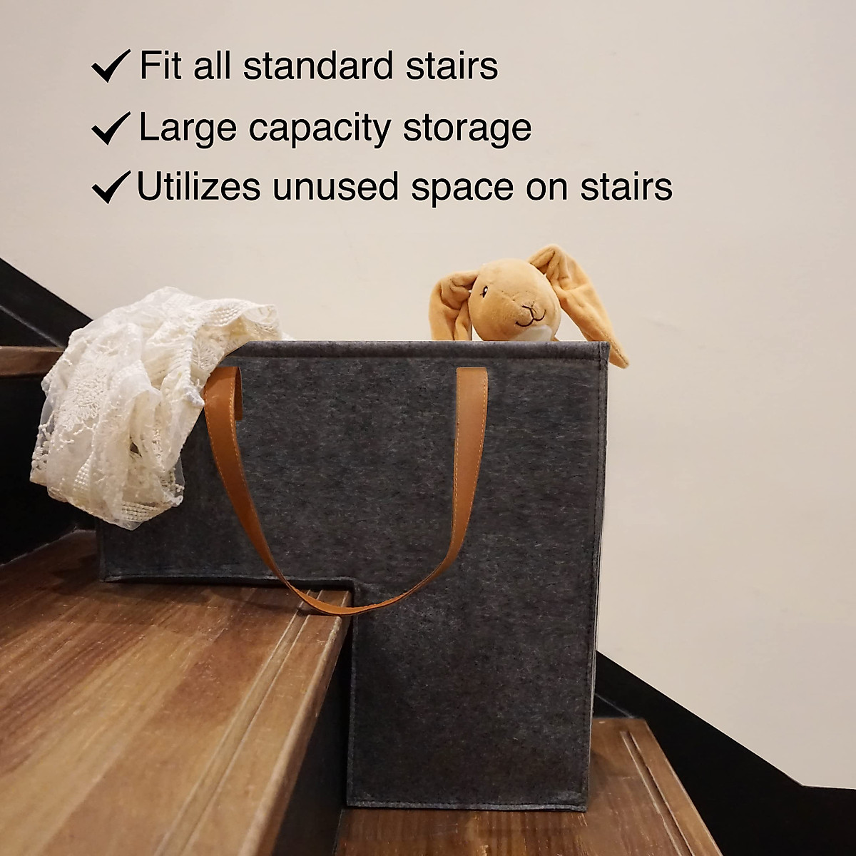 [12Baskets] 16" Stair Basket for Carpeted Stairs, 4mm Thick Premium Felt, Foldable Storage Organizer for Home and Office Décor (Dark Grey)