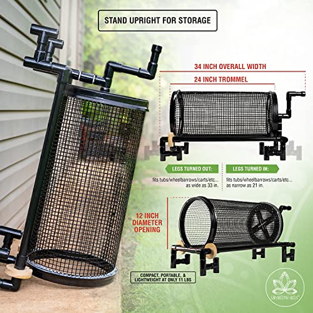 Rolling Garden Sifter with 1/2 in. Heavy Duty Screen and Accessories (1/4 in. Screen, Removeable Top, & Holding Bands)