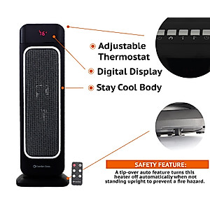 Oscillating Space Heater – Ceramic Forced Fan Heating with Stay Cool Housing - Tower with Remote Control, Digital Thermostat, Timer, Large Temperature Display and Efficient ECO Mode - by Bovado USA