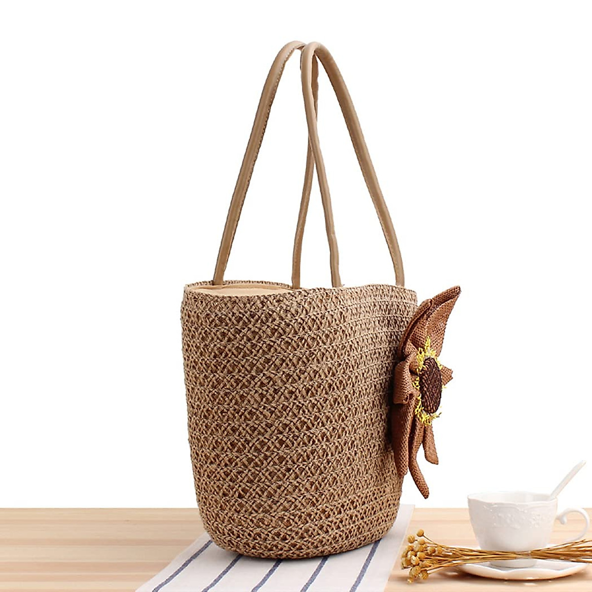 H.S.G.K Pastoral Straw Bag Hemp Flower Woven Bag Women Beach Bag Summer Sunflower Shoulder Bag Handles Handbag Tote Zipper
