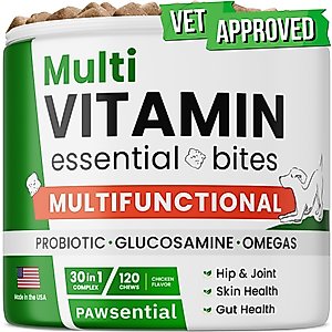 Dog Multivitamin Chewable Supplement - Dog Vitamins + Glucosamine, Omega, Probiotics - Hip & Joint Support, Skin & Coat, Gut Health - Adult & Senior Dog Treats