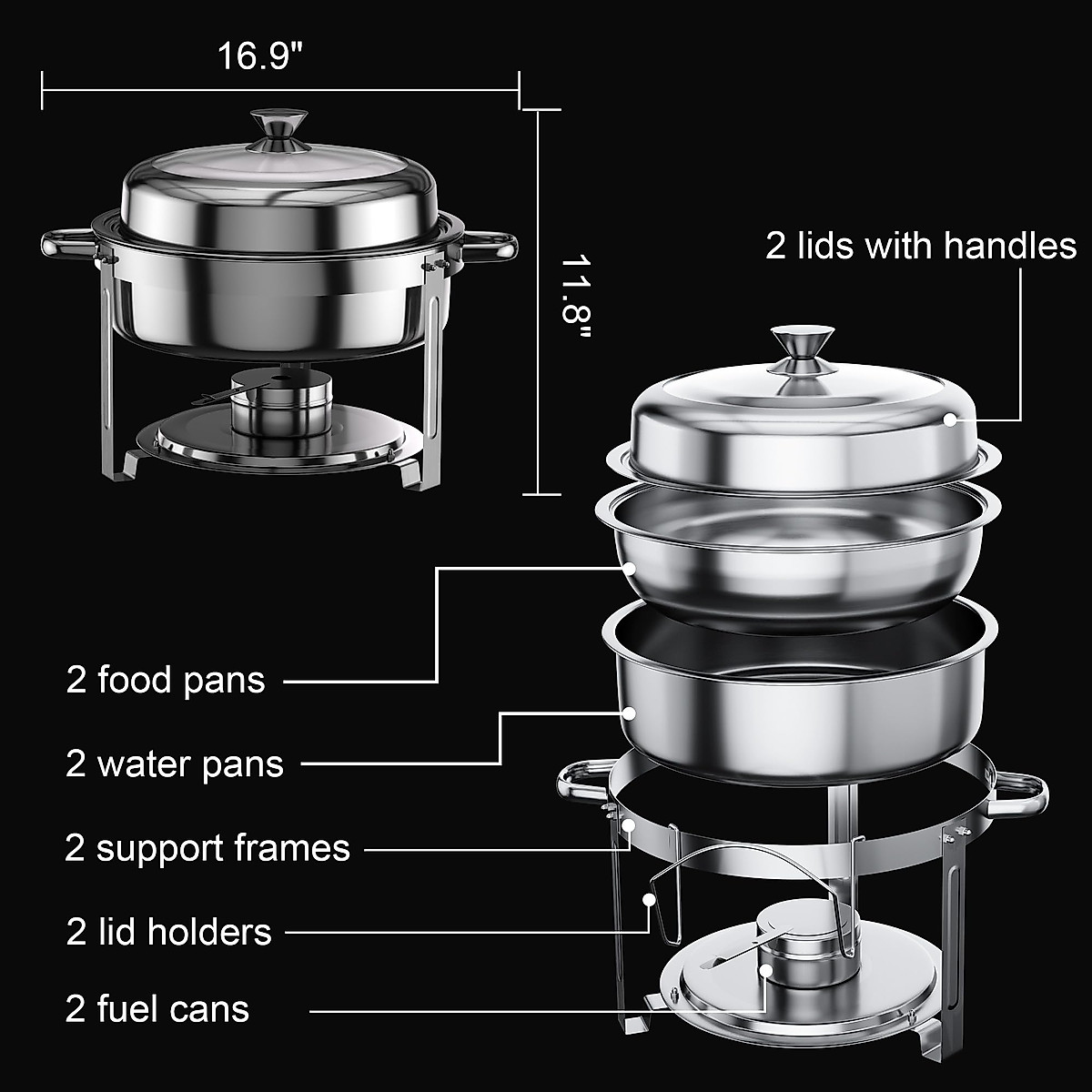 Chafing Dish Buffet Set 2 Pack, 5.5 QT Round Chafing Dishes for Buffet with Glass Lid & Lid Holder, Stainless Steel Chafers and Buffet Warmers Sets for Catering, Parties and Weddings