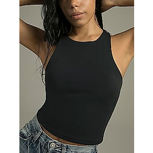 Colorfulkoala Women's Tank Tops Body Contour Sleeveless Crop Double Lined Yoga Shirts(L, Black)