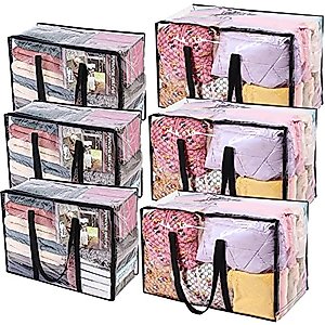 Vieshful 3 Pack 55L Clear Clothes Storage Bags and 3 Pack 110L Storage Bins, Clothing Container Large Capacity Moving Bags with Reinforced Handles