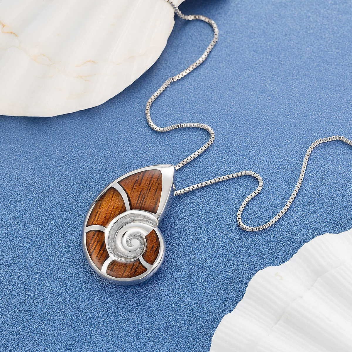 925 Sterling Silver Koa Wood Nautilus Shell Necklace Pendant with 18" Box Chain, Nickel Free Hypoallergenic for Sensitive Skin, Sea Ocean Hawaii Jewelry, Gift Box Included
