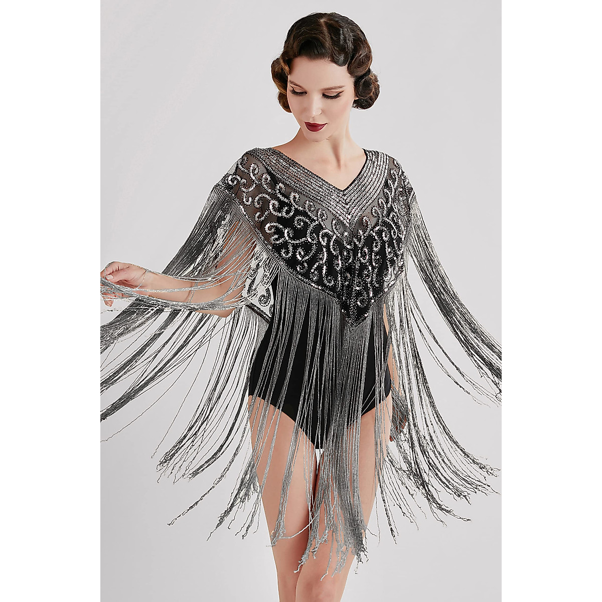 BABEYOND 1920s Shawl Wraps Long Fringed Evening Cape Sequin Beaded Party Shawl