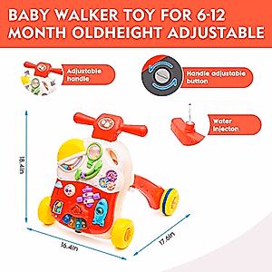 Baby Walker Sit-to-Stand Learning Walker Kids Activity Center Entertainment Table Lights & Sounds & Music & Rotating Gear & Rocket Rattle & Steering Wheel Educational Push Toy for Babies Toddlers(Red)