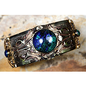 Elaine Coyne Collectible Artwear Hand Polished Antique Brass Art Deco Motif Cuff Bracelet - Chrysocolla