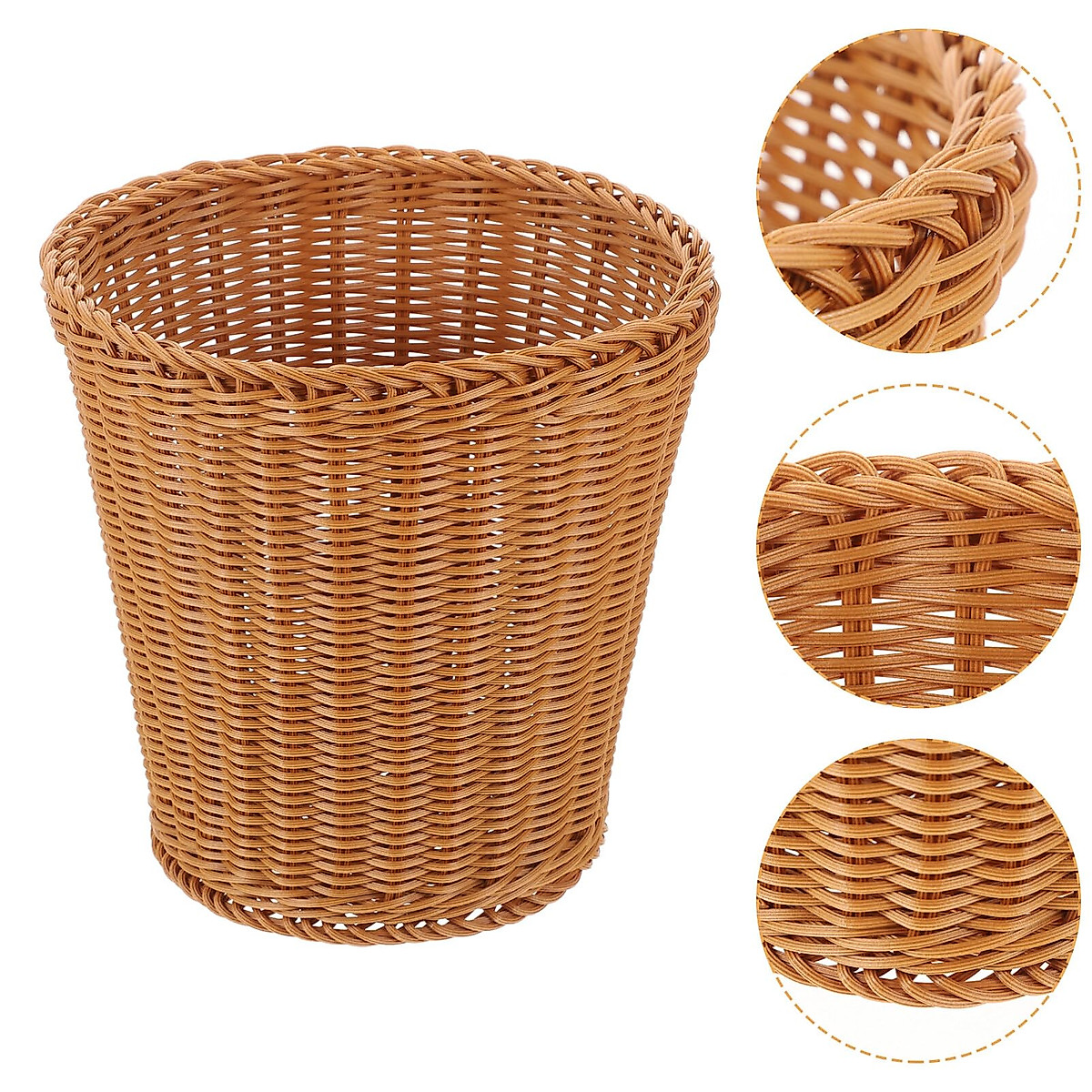 Amosfun Rattan Waste Baskets, Round Woven Trash Can Wicker Garbage Containers Bin Rustic Flower Baskets Laundry Hamper for Home Bathroom Kitchen Office Brown