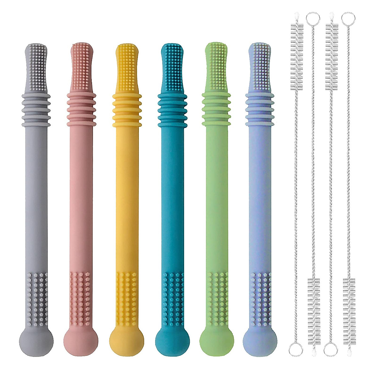 Hollow Molar Teether, Silicone Baby Teething Toy, Teethers for Babies Boys and Girls, with 4 Cleaning Brush, BPA Free/Freezable (6 Pack)