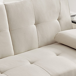 Verfur Modern Convertible Folding Futon Sofa Bed with Removable Armrests, Linen Fabric Upholstered Adjustable Recliner Couch Daybed Loveseat with 2 Cup Holders for Living Room Furniture Sets