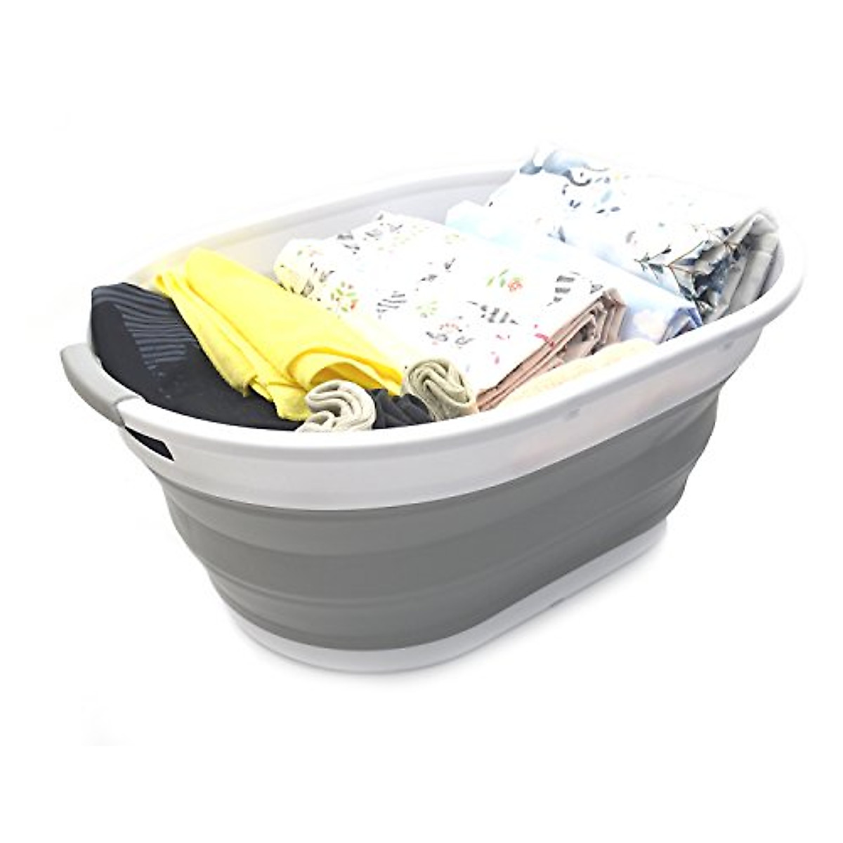 SAMMART 39L Collapsible Plastic Laundry Basket-Oval Tub/Basket-Foldable Storage Container-Portable Washing Tub-Space Saving Laundry Hamper, Water capacity:30L (Grey), Size : 24 x 17.7 x 10.75 inches