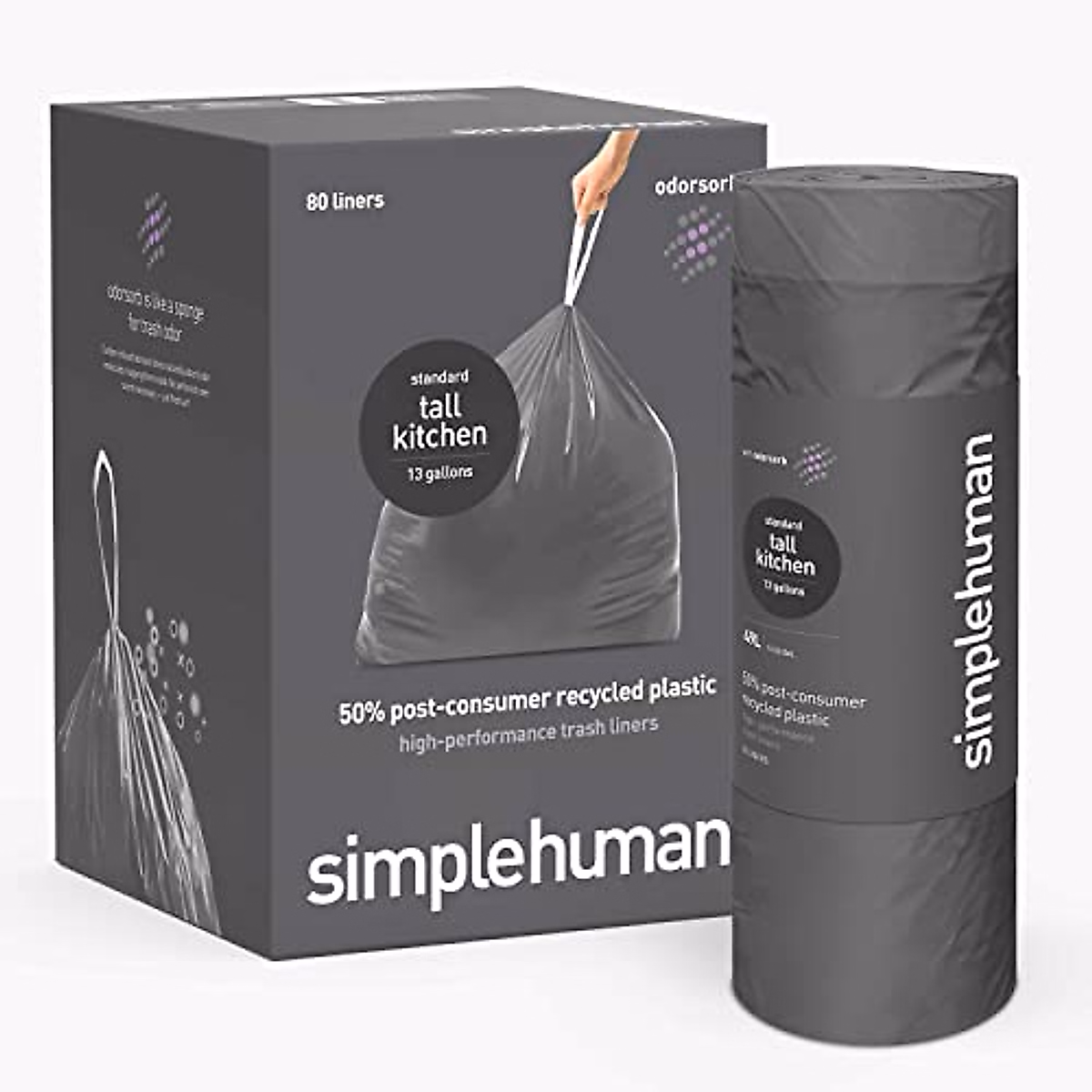simplehuman Extra Strong Odor-Absorbing Tall Kitchen 13 Gallon Drawstring Trash Bags, 50% PCR content, 80 Count