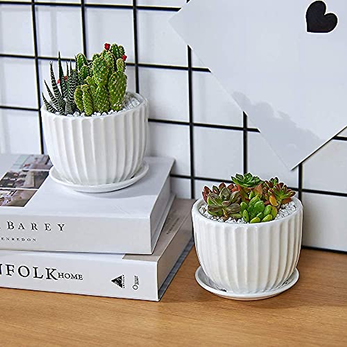 HXYPN Succulent Pot Round Stripe White Ceramic Pots 4 inch Plant Pots Small Flower Planter Pot, Pack of 4 - Plants Not Included