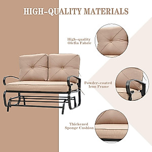 Betterland Outdoor Glider Rocking Chair Patio Swing Glider Bench for 2 Person, Metal Frame Loveseat Chair with Cushions (Brown)